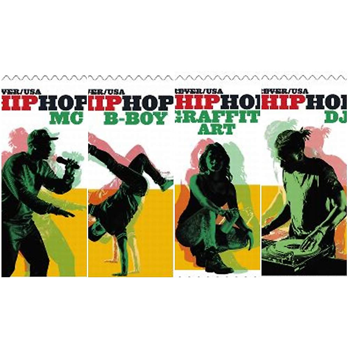 Hip Hop (MC with Microphone Rapping, B-Boy Dancing, Graffiti Art, DJ with Turntable) (Sheet of 20) Forever Postage Stamps Celebrating Electrifying Music Dance Art Movement 2020 Scott #5480-5484