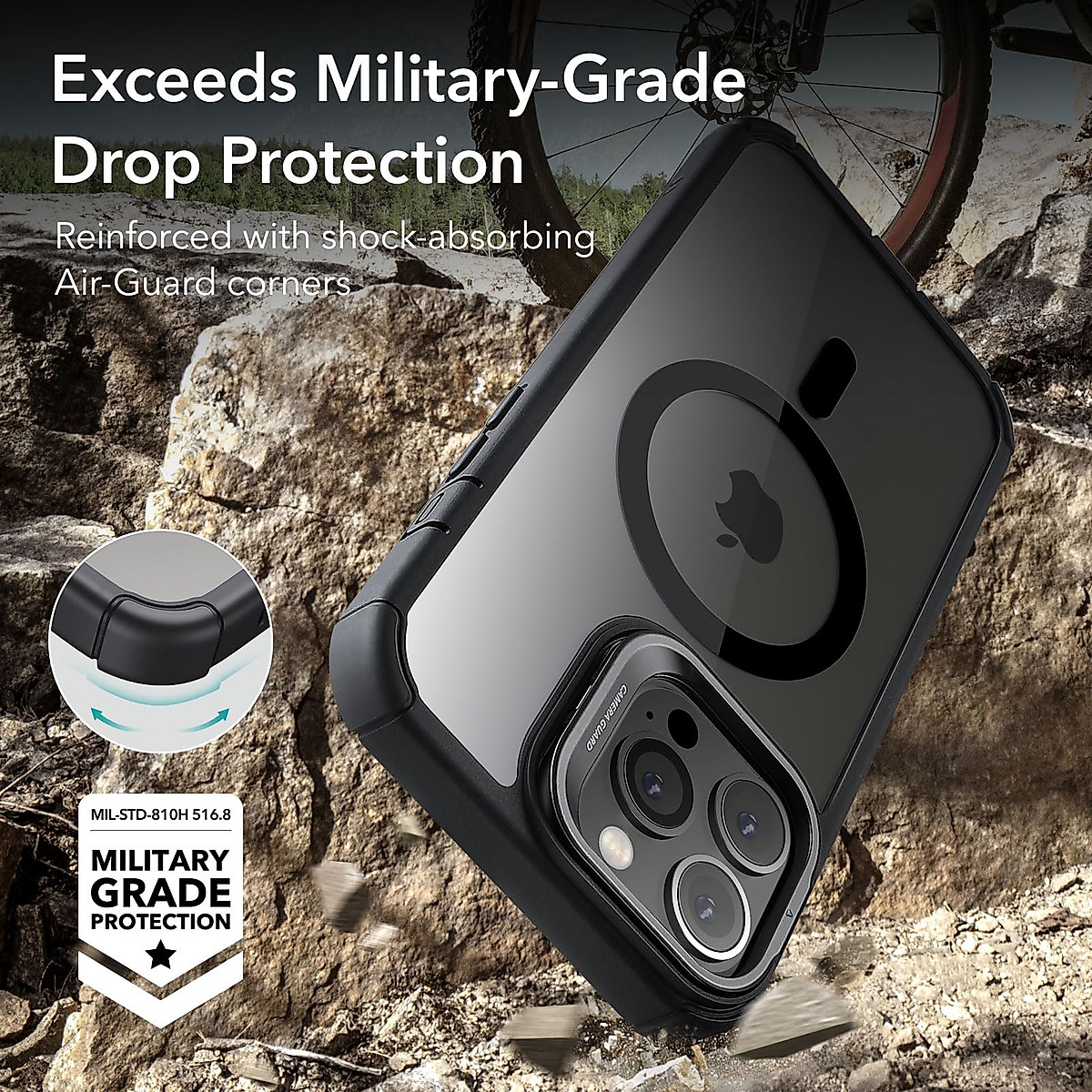 ESR for iPhone 13 Pro Max Case with Stand, Compatible with MagSafe, Full-Body Military-Grade Drop Proof Case with Built-in 9H+ Tempered Glass Screen Protector, Armor Series, Clear Black