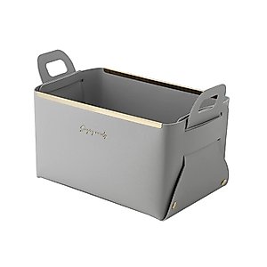 CHOMe Foldable Storage Boxes, Collapsible Sturdy Fabric Storage Basket Sturdy Faux Leather Handles-Large Organizer For Towels,Clothes, Shelves-8.6×5.5×5in, Grey