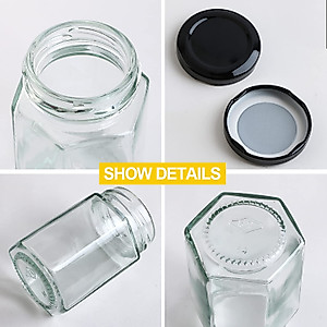 Woaiwo-q Hexagon Glass Jars, 4 oz 30 Pcs Hexagon Glass Honey Jars with Black Lids,Wooden Honey Sticks,Bronzy Bee Pendants,Small Tags,1.5m Jute Twine for Honey,Foods,Jams, Liquid and More..