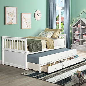 Rhomtree Twin Captain’s Bed Storage daybed with Trundle and Drawers for Kids Guests (White)