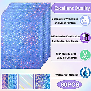 60 Sheets Printable Holographic Laminate Sheets Vinyl Sticker Paper Printable Holographic Sticker Paper for Inkjet/Laser Printer Waterproof Sticker Paper with Gem Rainbow Spot Star Patterns 8.5 x 11"