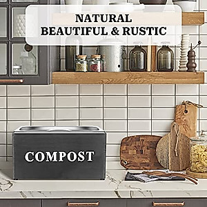 Compost Bin for Kitchen Counter,Countertop Compost Bin with Lid,Kitchen Compost Bin Indoor Compost Container,Food Waste Bin,Smell Proof Stainless Steel Insert 1.6 Gallon and Wood Box Black