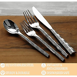 Thomaso 18-piece Hammered Silverware Set,Creative Triangle Handle Titanium Plating Stainless Steel Flatware Service for 6, Silver Spoons and Forks Set,Unique Triangle Cutlery Set, Dishwasher Safe