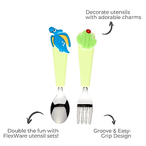 Flex&Lock Flexwarez Kids Utensil Set with Flexcharmz Silicone Charms Accessories - Easy to Decorate Spoon and Fork - Fun lunch for Toddler and Kids - Dinosaur World Theme/ 2 Pack/Pteranodon & Cactus