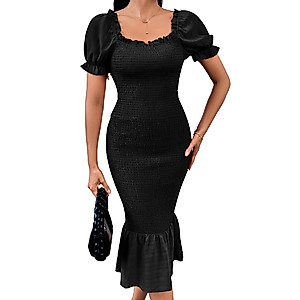 PRETTYGARDEN Women's Summer Floral Midi Bodycon Dresses Short Puff Sleeve Square Neck Ruffle Hem Mermaid Cocktail Dress (Solid Black,XX-Large)