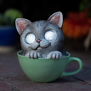 Cat Figurines | Solar LED Outdoor Garden Decorations | Cat Statue Decor | Cat Stuff for Cat Lovers | Light Up Decorative Statue Accents Yard, Patio, Lawn, Deck (Gray, 1 Pack)