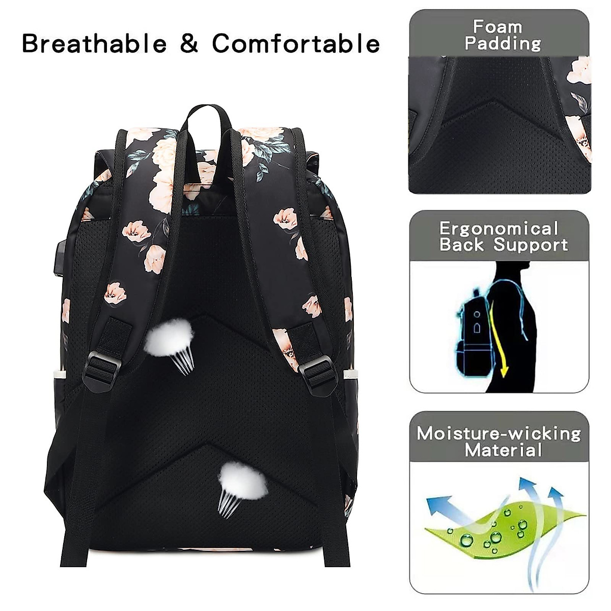 Pawsky Laptop Backpack for Women Girls, Stylish College School Backpack with USB Charging Port Water Resistant Casual Daypack, Floral