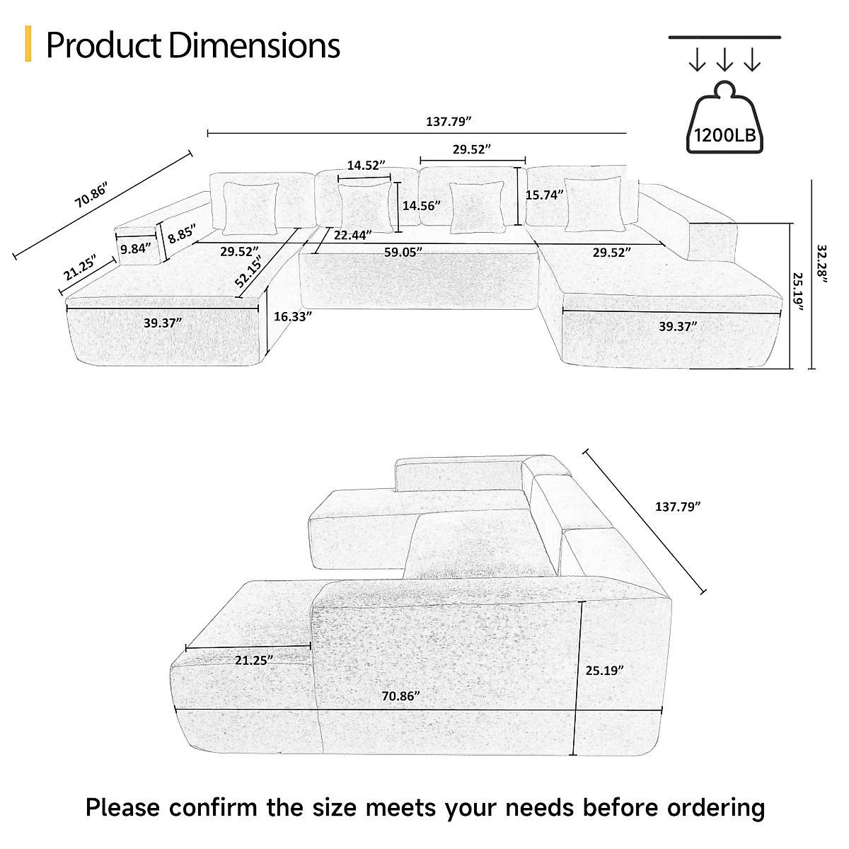 137.79” Oversized Modular Couch, 6 Seat Sectional Couch Sofa with Chaise Lounge, Extra Large U Shaped Sleeper Sofa Cloud Corner Couch for for Living Room, Office, No Assembly Required, Beige