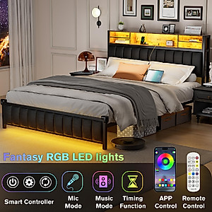 Alohappy Queen Bed Frame with Bookcase Headboard and LED Light,Upholstered Platform LED Bed Frame with Charging Station,Type-C & USB Ports,No Box Spring Needed,Easy Assembly and Noise Free