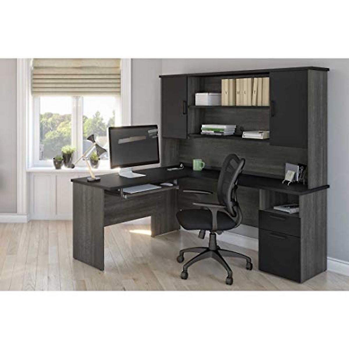 Bestar Norma L-Shaped Desk with Hutch, 71W, Black & Bark Gray