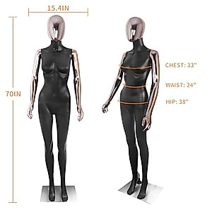 Female Mannequin Black Dress Form Full Body Manikin Body 70 Inches Adjustable Maniquins Dress Model Plastic Detachable Manequins Stand Metal Base Metal Connector, Rose Gold Head and Hands