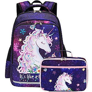 Girls Backpack for Kids Preschool Backpack with Lunch Box for Kindergarten Elementary Students (Galaxy-Purple)