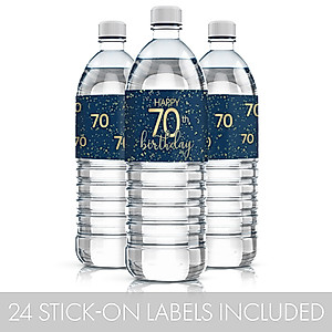 Navy Blue and Gold 70th Birthday Party Water Bottle Labels - 24 Waterproof Stickers