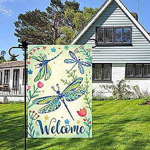 Spring Garden Flag with Welcome Quote , Burlap Double Sided Dragonfly Flower Yard Flags, Garden Flag Rustic Farmhouse Yard Outdoor Decoration (Dragonfly)