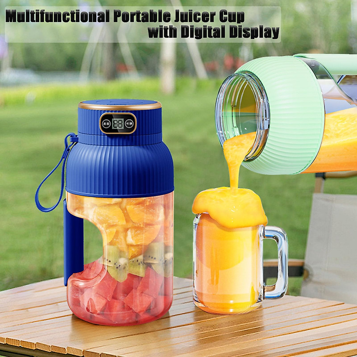 Portable Juicer Blender,2024 New Multifunctional Portable Juicer Cup,Portable Juicer Cup with Digital Display, Small Travel Blender for Shakes and Smoothies(Blue, Single cup single lid)