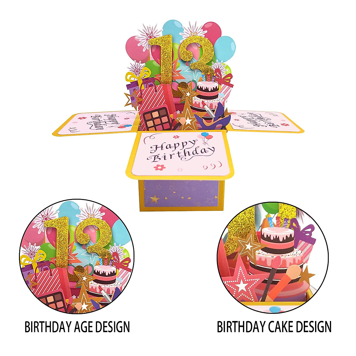 Asmallgf Happy 13th Birthday Pop Up Card for Girl Boy, Sweet Thirteen Year Old Birthday Gift Idea for Daughter Niece, Funny 13 Bday 3D Greeting Card for Him Friends