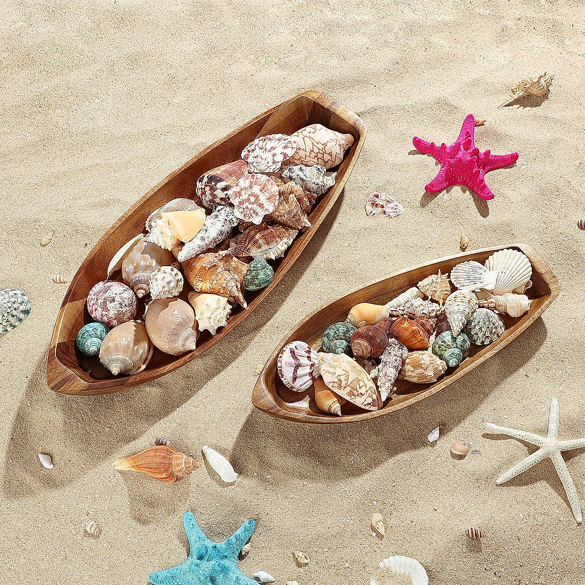 C-Joy Wood Decorative Wooden Tray, Nature Acacia Solid Wood Serving Bowls,for Desserts Fruits Salad or House Ornament, Functional and Collectible Furnishing Articles. (Lucky Boat (2 of Set))