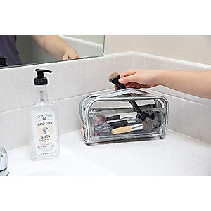 EzPacking Clear Makeup & Brush Bag/Long Cosmetic Pouch for Travel/Vegan Leather Piping/Small See Through PVC Plastic & Transparent Design/Hair Product Organizer (Ivory)