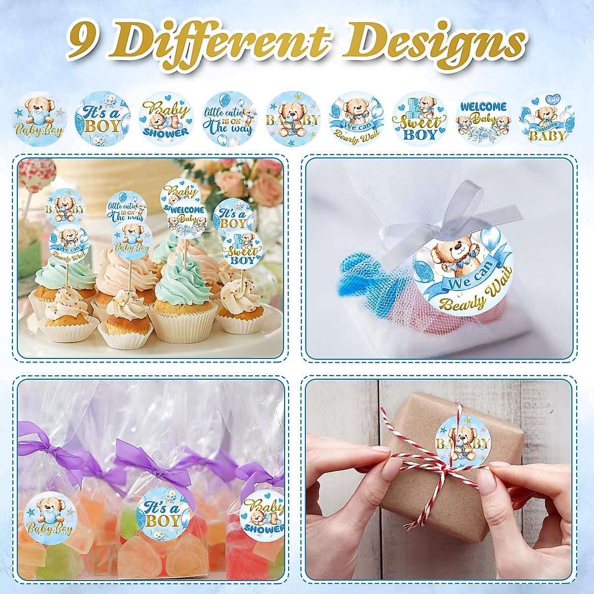 Clabby 504 Pieces Boy Girl Baby Shower Favors Stickers Mini Kisses Candy Stickers Chocolate Drop Labels Wrappers Little Cutie Baby Shower Decoration for Sprinkle Birthday Party(Blue Bear)