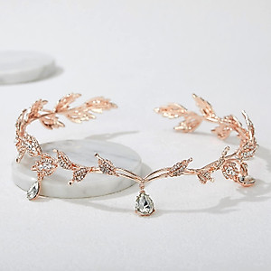 SWEETV Rhinestone Leaf Wedding Tiara Headband for Brides, Rose Gold Crown Headband for Pageants Wedding Prom Birthday