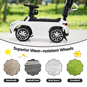 INFANS 3 in 1 Licensed Mercedes Benz Ride on Push Car, Kids Toy Stroller for Toddlers with Push Handle, Baby Foot-to-Floor Sliding Walker with Removable Canopy, Music, Horn, Under Seat Storage (White)