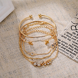 Caiyao Layered Stacking Link Chain Butterfly Bracelet Bangle Set Bohemian Paperclip Rhinestone Bead for Women 14K Gold Plated Animal Jewelry-D butterfly-2