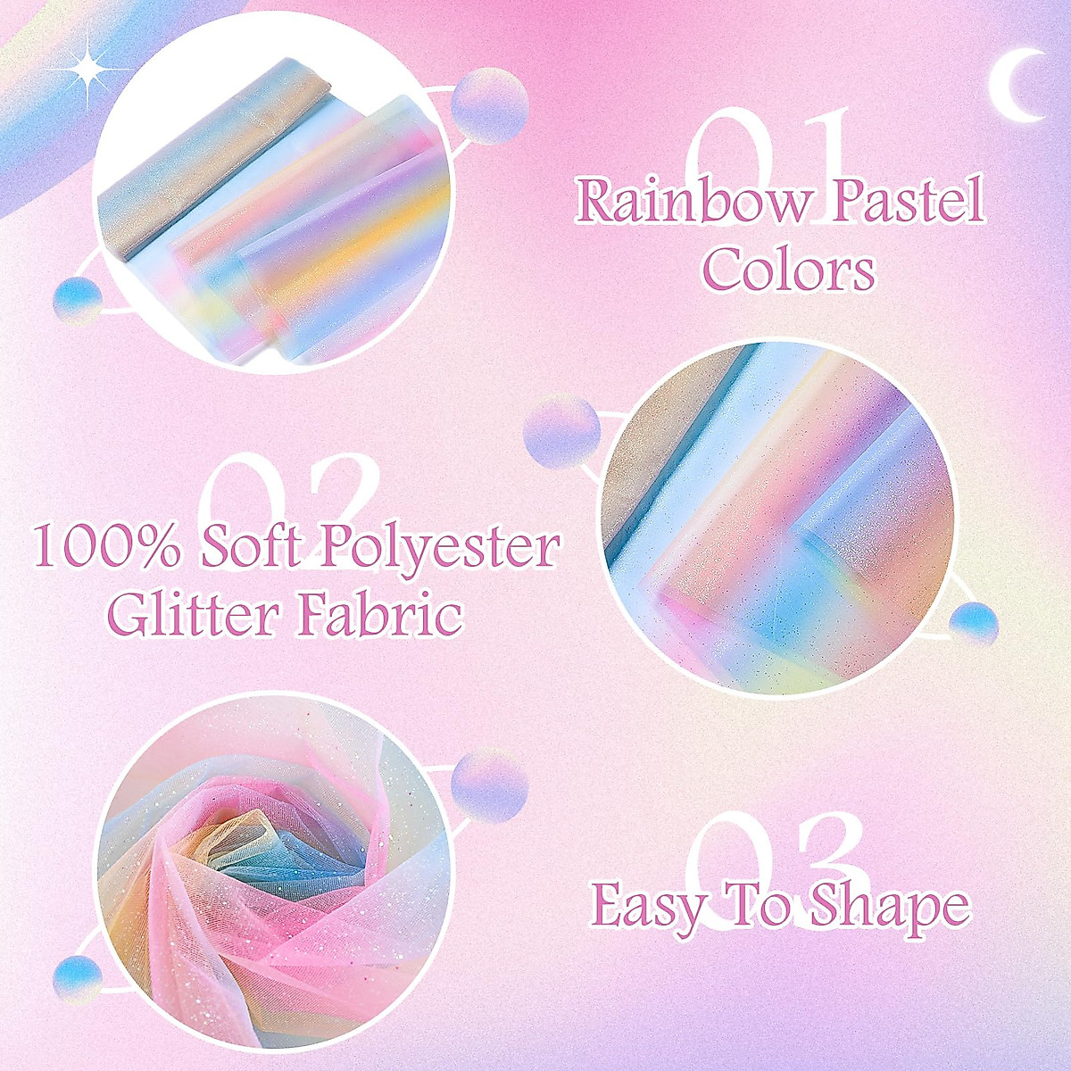 Timgle 10 Yards Rainbow Glitter Tulle 54 in Tulle Fabric Pastel Tulle Mesh Iridescent Girl Fabric for Table Chair Sash Bow Tutu Skirt Sewing Crafting Gift Wrapping Wedding Party Backdrop,30 Ft