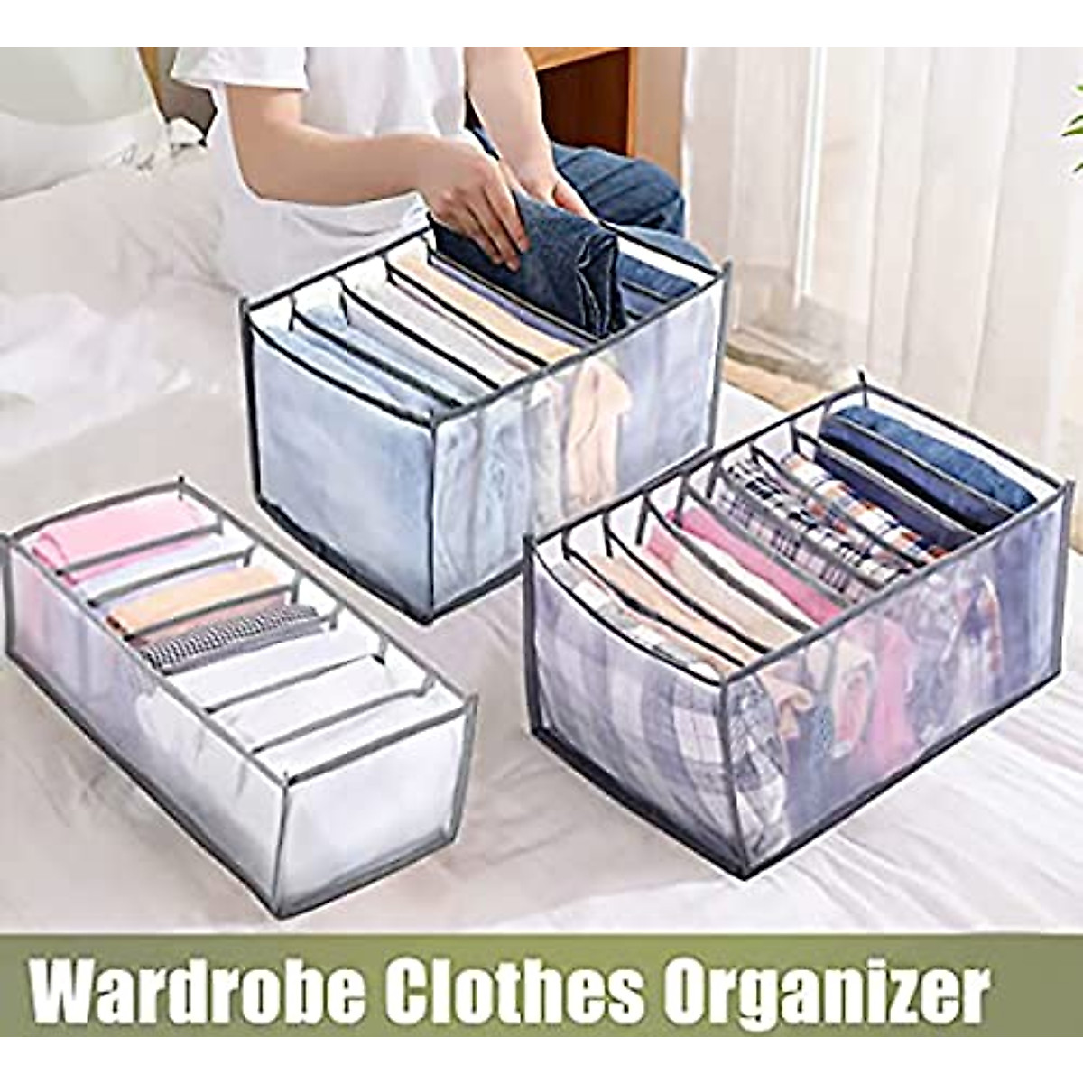 Vertrauen 3PCS Clothes Organizer, Foldable Closet Organizer, 7 Grids Drawer Dividers Storage Basket for T Shirt, Pants, Underwear, Panties, Socks