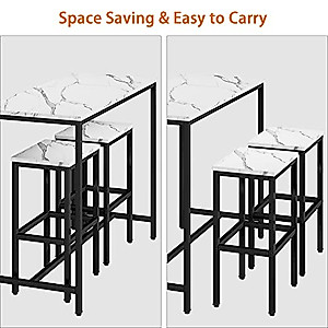 Yongchuang 3 Piece Bar Table Set, Bar Table and Chairs Set of 2, Modern Counter Height Table with 2 Stools for Kitchen, Dining Room, Living Room Breakfast Table White Faux Marble Wood Top