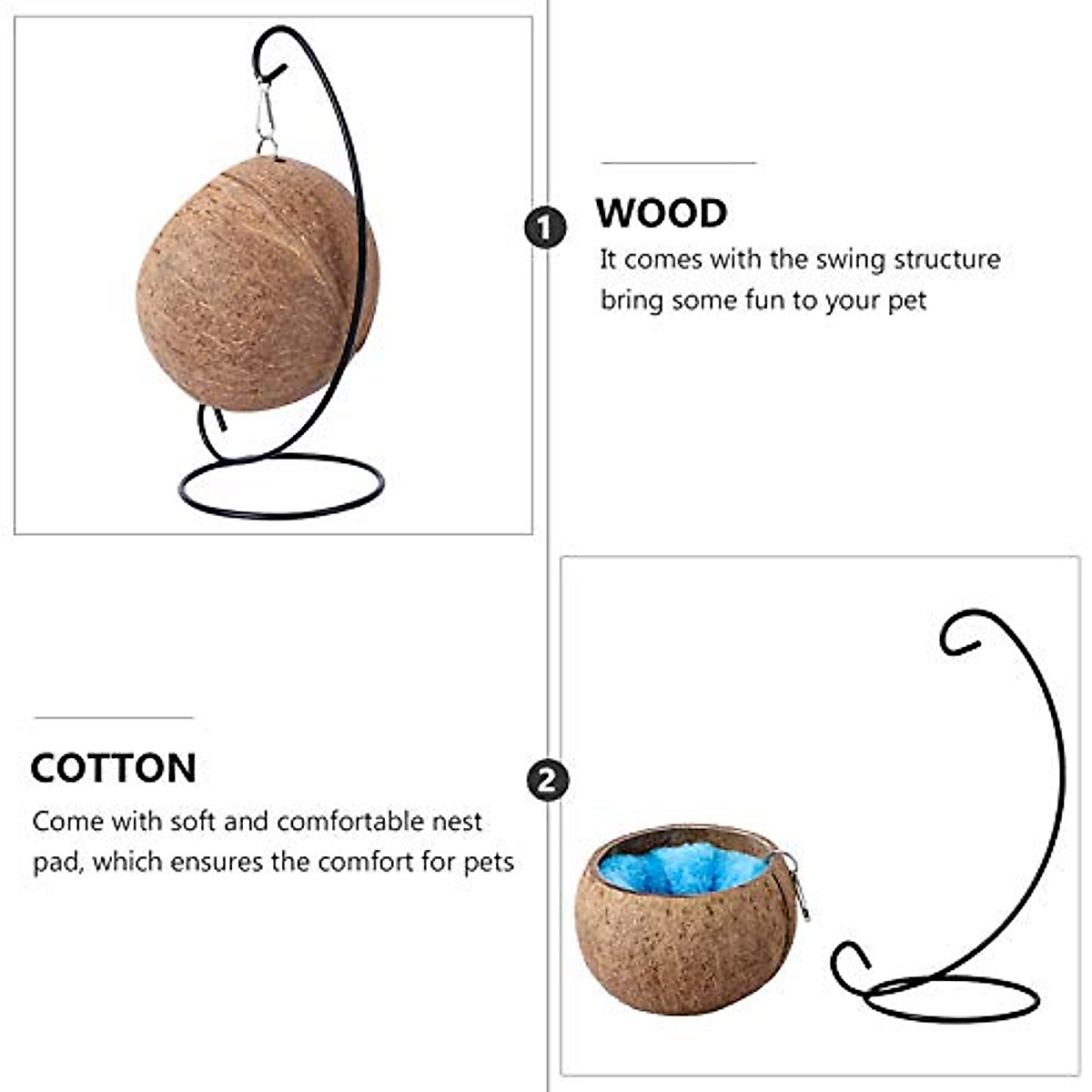 TEHAUX Natural Coconut Shell Bird Nest House Bed with Warm Pad for Parrot Parakeet Hamster Rat Mice Chinchilla Cage Toy Nesting Box