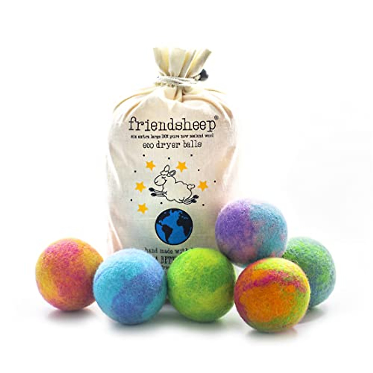 Friendsheep Wool Dryer Balls 6 Pack XL Organic Premium Reusable Cruelty Free Handmade Fair Trade No Lint Fabric Softener Color - Galaxy Tie Dye