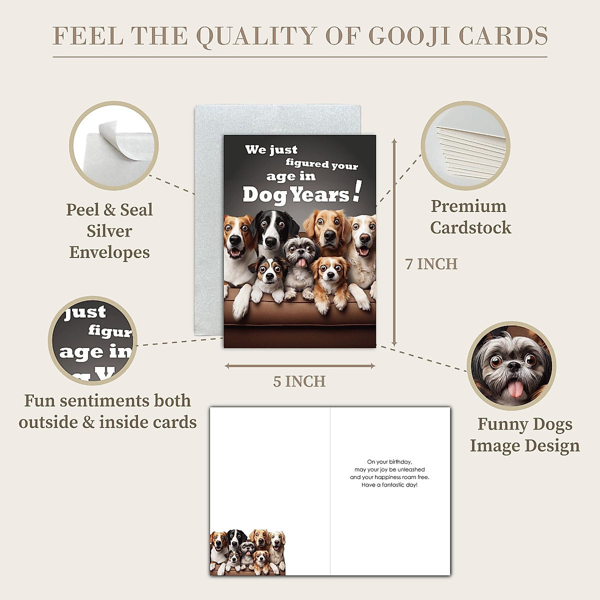Gooji 5x7 Dogs Birthday Card, Funny Humorous Cute Card for Wife Husband Teenage Young Boy Girl Men Women Adult, Golden (Age)
