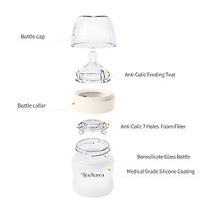 Yooforea Silicone Coated Glass Baby Bottle, 0M+ Slow Flow Nipple I Anti-Colic, Wide Neck, Stable Base I Medical-Grade Silicone Coating for Shatter Protection, BPA BPS PVC Free (2 Pack, 3 Ounce-Cream)