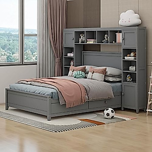 BEBPILOO Full Size Wooden Bed with All-in-One Cabinet and Shelf for Kids,Teens (Gray)
