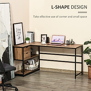 HOMCOM L-Shaped Home Offie Computer Desk with Storage Shelves, 2 Dawers and Industrial Steel Frame, Black/Brown