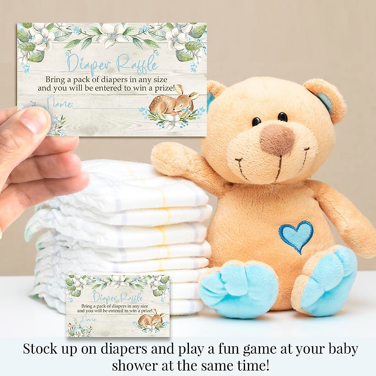 Little Deer Woodland Themed Diaper Raffle Tickets for Boy Baby Showers, 20 2" X 3” Double Sided Insert Cards for Games by AmandaCreation, Bring a Pack of Diapers to Win Favors & Prizes!