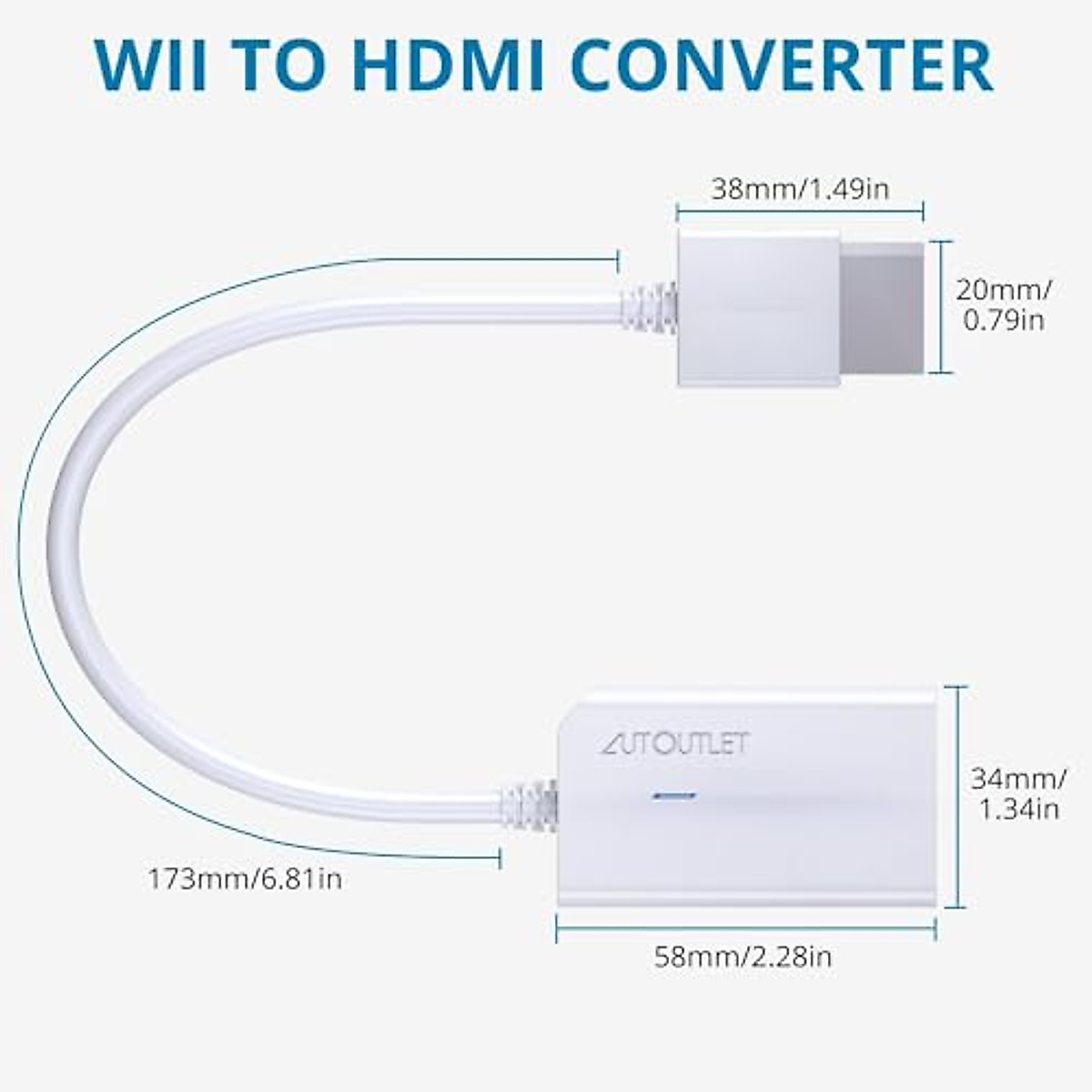 AUTOUTLET Wii to HDMI Converter 1080P with 6ft High Speed HDMI Cable Wii2 HDMI Adapter with Blue Indicator, Output Video&Audio with 3.5mm Jack Audio Compatible with Full HD Devices