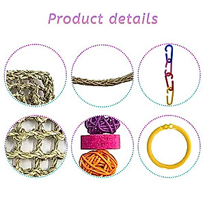 kathson Bird Seagrass Mat,Birds Swing Toy,Natural Grass Handmade Woven Hammock Hanging Parrot Lounger with Colour Toys for Lovebird,Cockatiel,Canary,Parakeets,Finch,Budgie (2 Pcs)