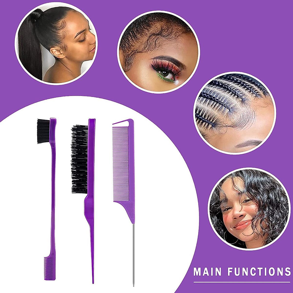 3 Pieces Hair Styling Comb Set Teasing Hair Brush Rat Tail Comb Edge Brush for Edge&Back Brushing, Combing, Slicking Hair for Women (Purple)