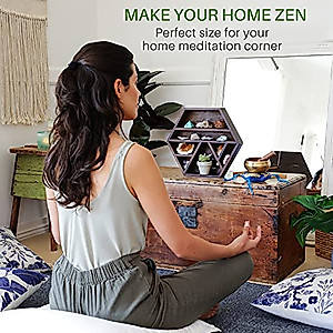 ENSO SENSORY Tsuki Crystal & Rock Display Shelf - Hexagon Floating Wall Shelves with Cresent Moon Design for Rocks, Crystals, Oils, Stones, Plants - Honeycomb Geometric Shape Home Decor