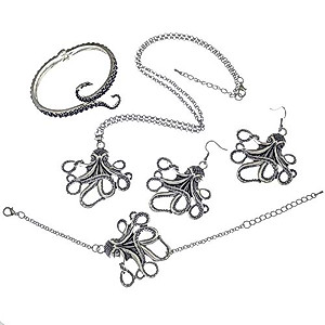 RechicGu Vintage Silver Octopus Jewelry Set Sea Creature Kraken Tentacle Necklace Earrings Bangle Anklet Bracelet Nature Pack Fisherman Fish Gift