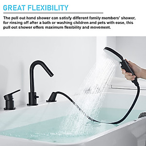 CREA Roman Tub Faucet Black, Tub Faucet Bathtub Bath Faucet Set 3-Hole with Hand Shower Tub Spout Diverter Deck-Mount Pull Out Bathroom Tub Faucet