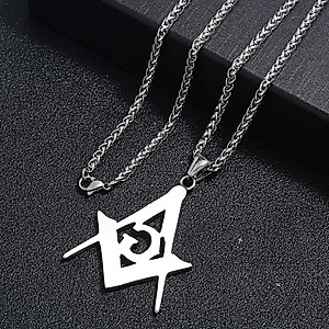 FIZIZDH Stainless Steel Freemason Masonic Pendant Necklace, Unisex, 24 inch Keel Link Chain