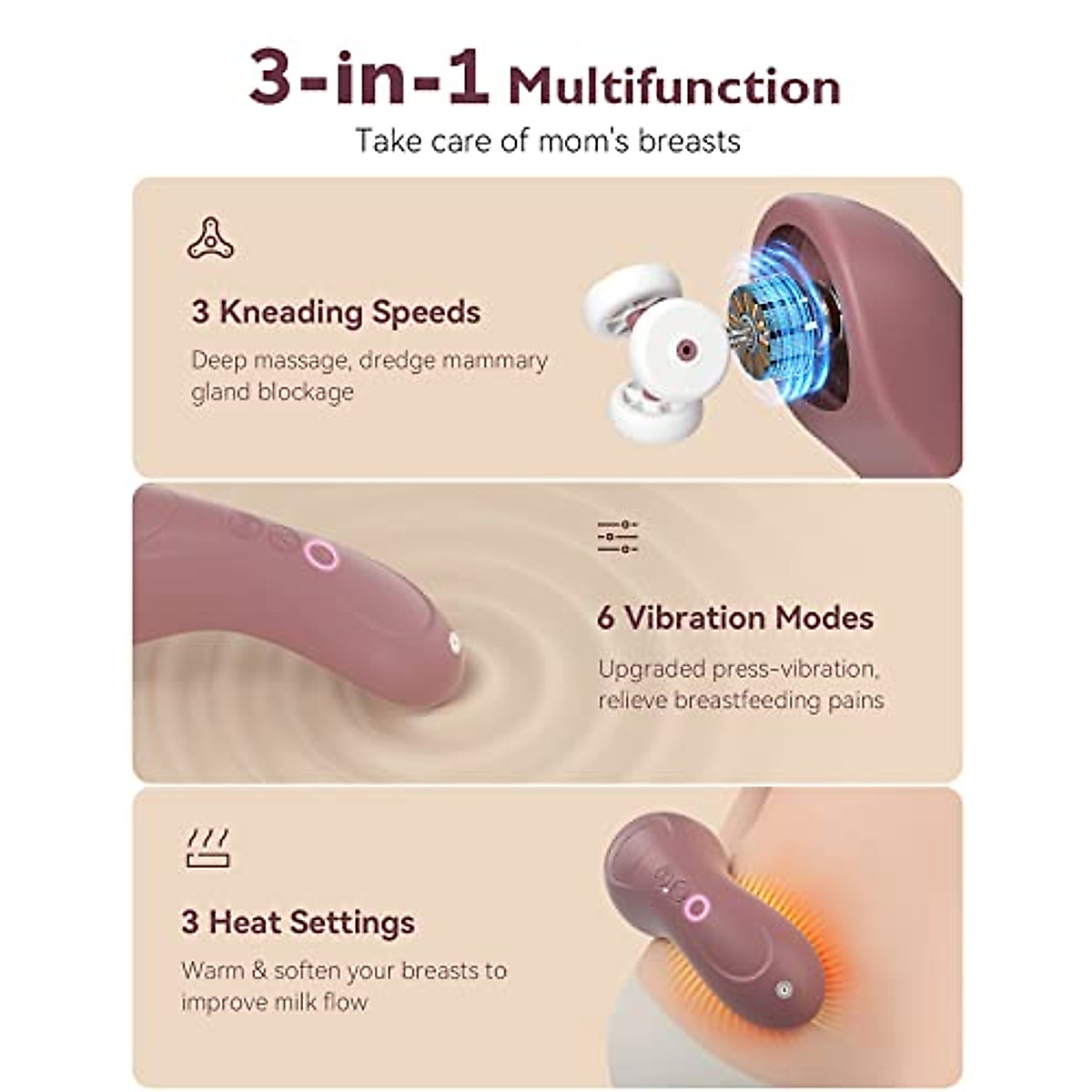 Momcozy Kneading Lactation Massager with Heat, 3-in-1 Real-Like Massage for Relieve Clogged Ducts, Breast Massager Warming for Breastfeeding, Improve Milk Flow, Dusty Rose