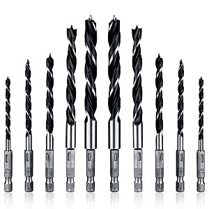 Mesee 10 Pieces HSS Brad Point Twist Drill Bits, 1/4 Inch Hex Shank Quick Change Twist Drill Bits Set for Woodworking Dowel Drilling - 4mm/ 5mm/ 6mm/ 8mm/ 10mm