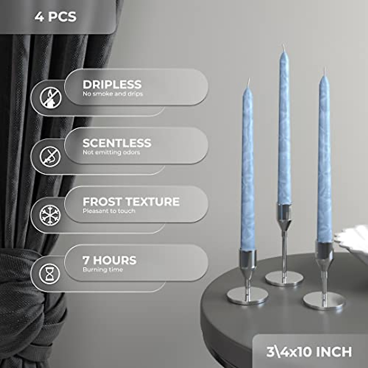 CANDWAX 10 inch Unscented Candles Set of 4 - Dripless Taper Candles Colored As Frost - Long Tapered Candles Ideal As Dinner Candles, Candle Décor and Wedding Candle - Light Blue Candlesticks