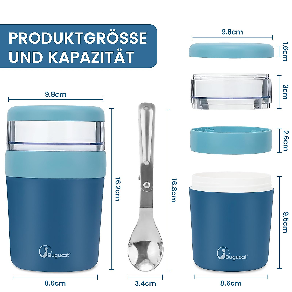 Bugucat Overnight Oats Containers with Lids,Snackle Box Container,500ml+150ml Yogurt and Fruit Holder Cereal Cup to Go with Lids and Spoon, Reusable Portable Cup Cereal Cup with Salad Container