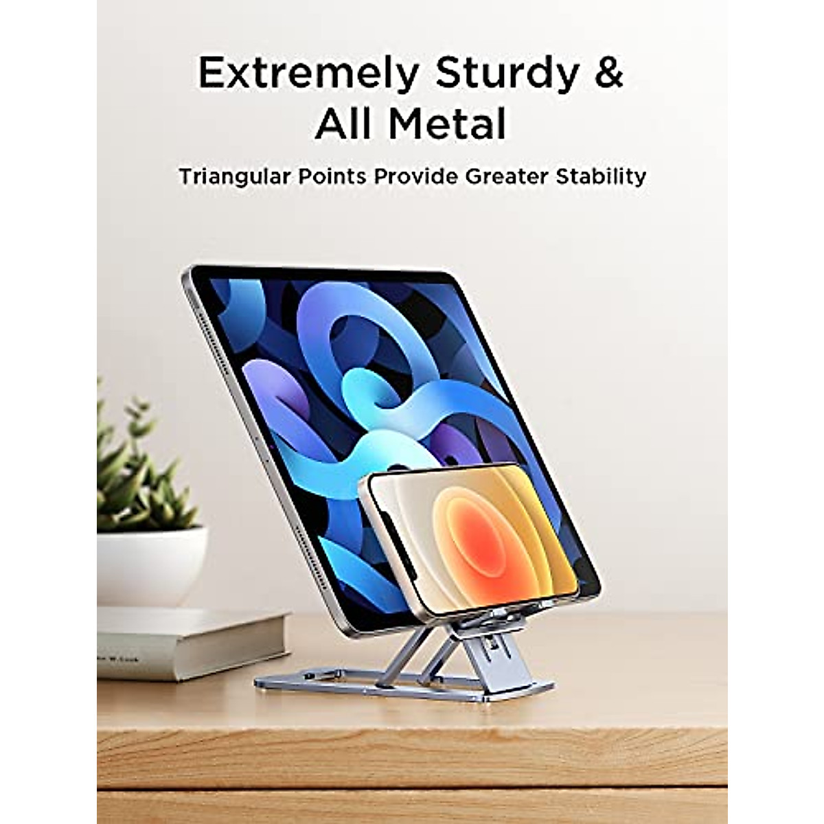 LISEN Travel Essentials Accessories Foldable Cell Phone Stand, [Sturdy Aluminum Metal] Adjustable Cell Phone Holder [Ultra Thin] Portable Stand for Desk Compatible with All Smartphones, Tablets