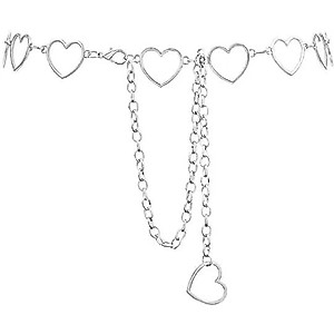 Metal Waist Chain Women Girls - Silver Long Tassel Love Hearts Pendant Adjustable Body Link Belts Body Belly Jewelry for Jeans Dresses